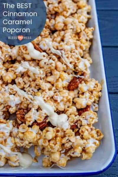 Cinnamon Caramel Corn with White Chocolate & Pecans | Easy Snack