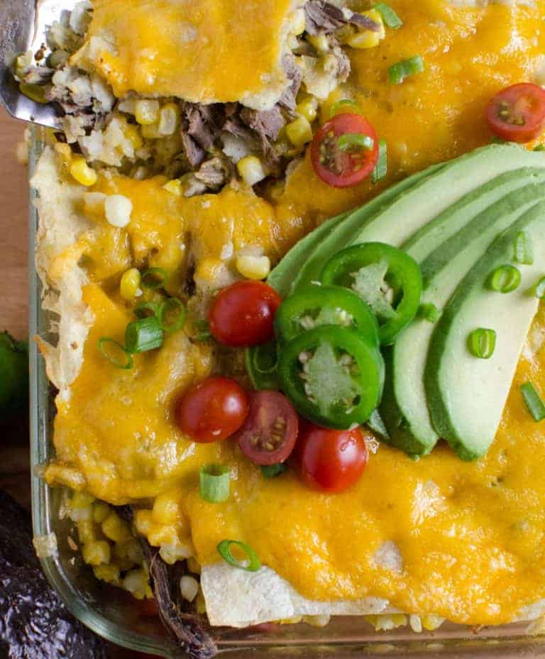 Easy Shredded Meat & Corn Enchilada Bake | Enchilada Casserole Recipe