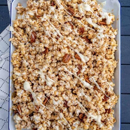 Cinnamon Caramel Corn with White Chocolate & Pecans | Easy Snack