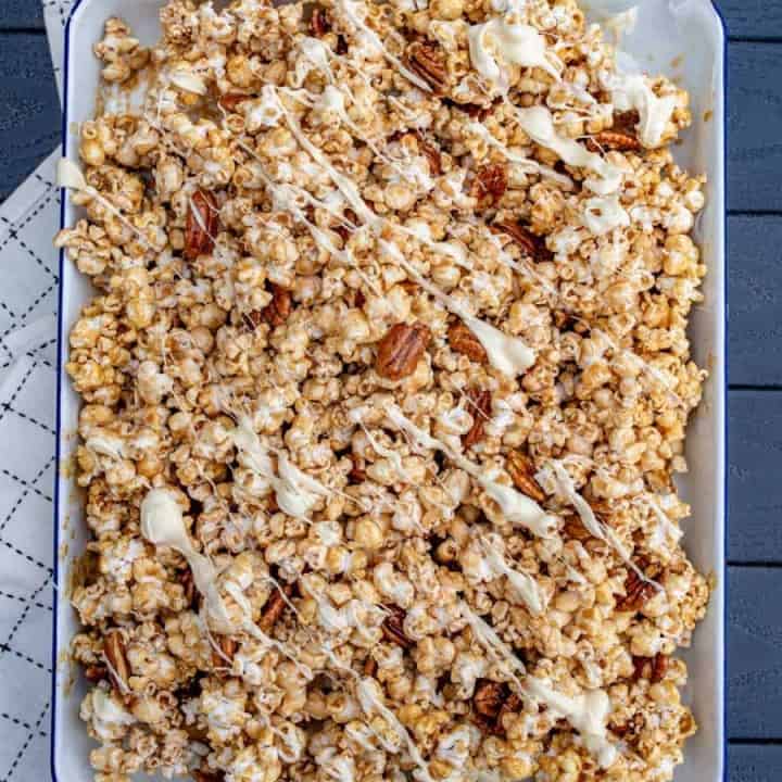 Cinnamon Caramel Corn with White Chocolate & Pecans | Easy Snack