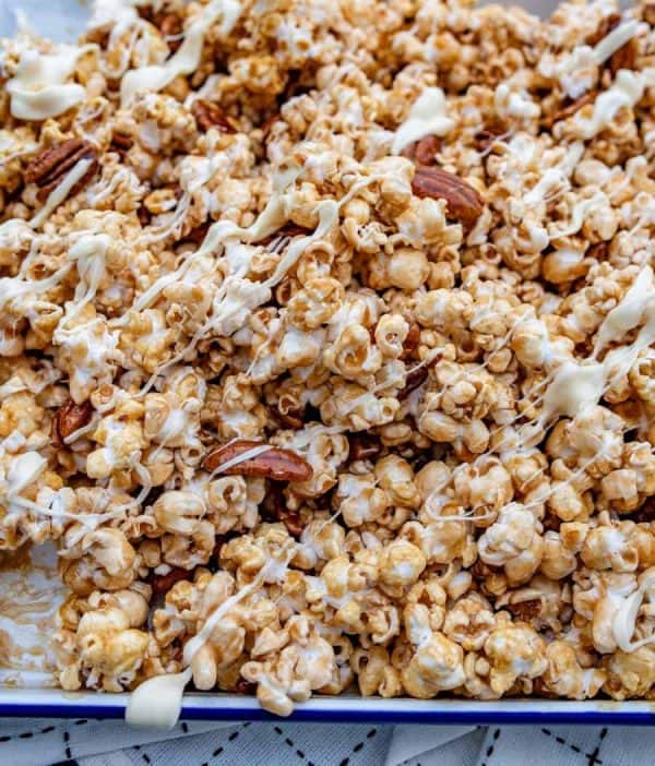 Cinnamon Caramel Corn with White Chocolate & Pecans | Easy Snack
