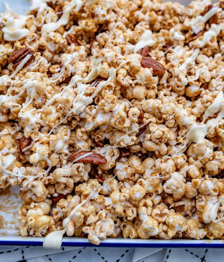 Cinnamon Caramel Corn with White Chocolate & Pecans | Easy Snack