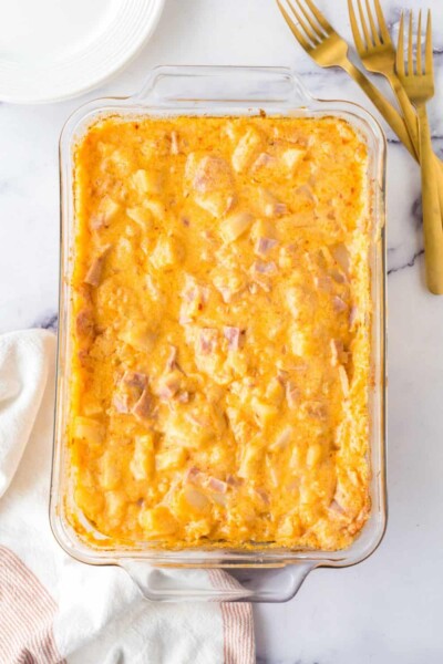 Easy Ham and Potato Casserole with Cheddar Cheese Sauce — Bless this Mess