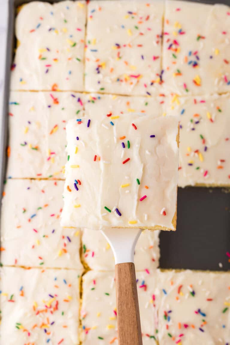 Quick Easy Vanilla Sheet Cake | Cake-Mix Recipe with Icing and Sprinkles