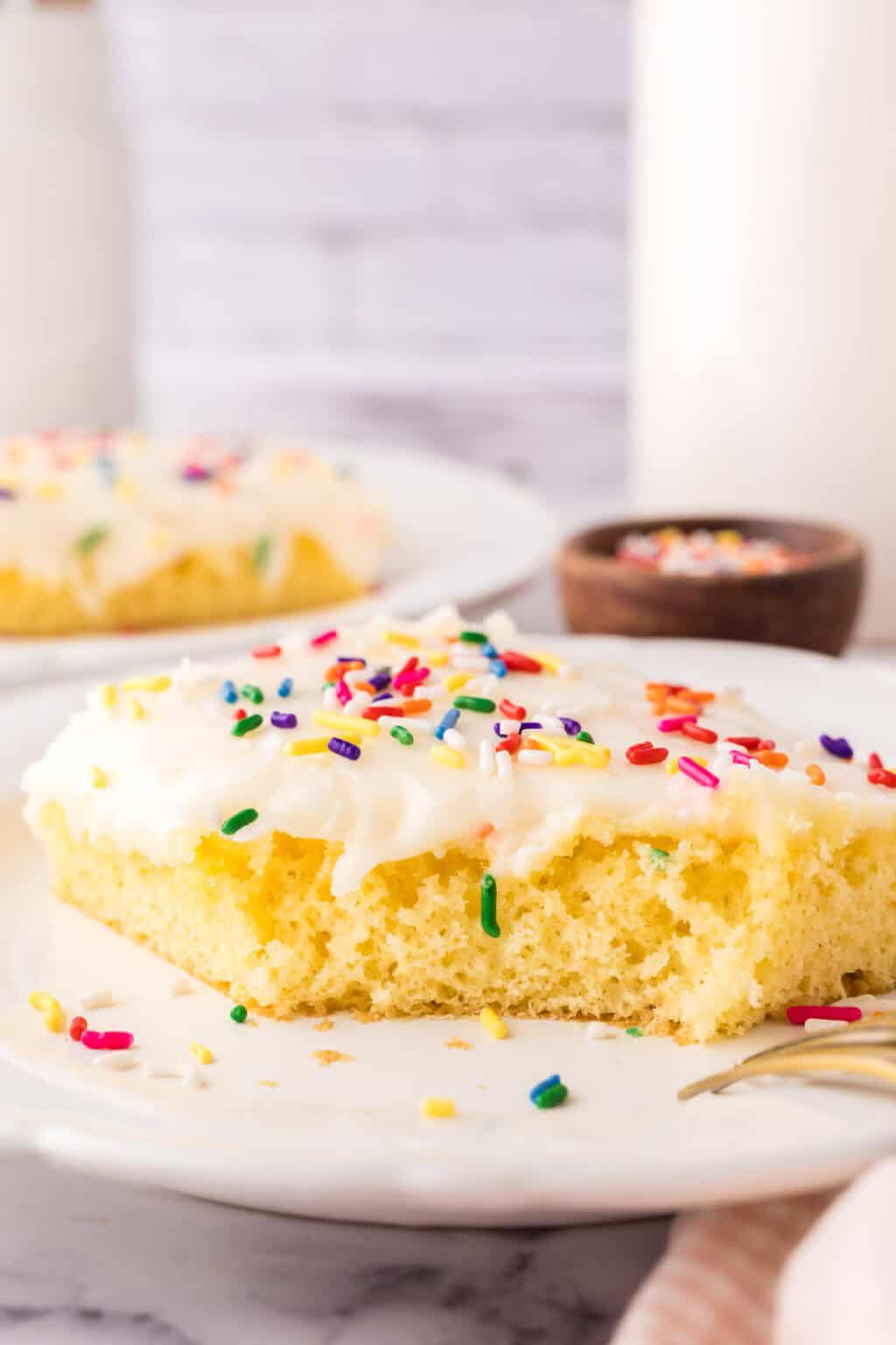 Quick Easy Vanilla Sheet Cake | Cake-Mix Recipe with Icing and Sprinkles